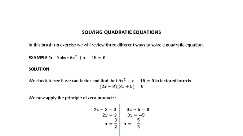 MATH 101: Solving Quadratic Equations - Methods & Examples - Studocu