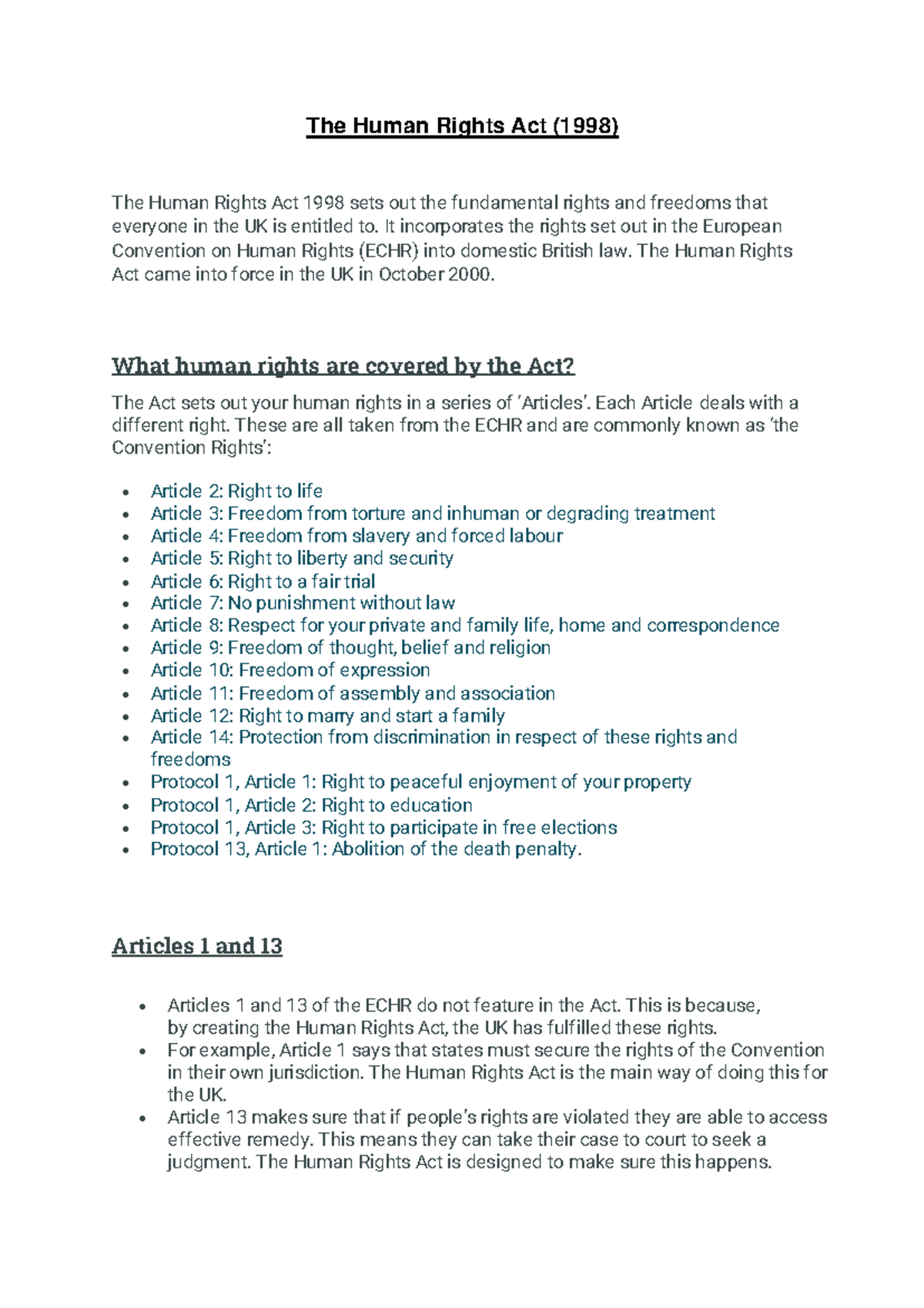 Human Rights Act (1998): Key Articles and Overview Summary - Studocu