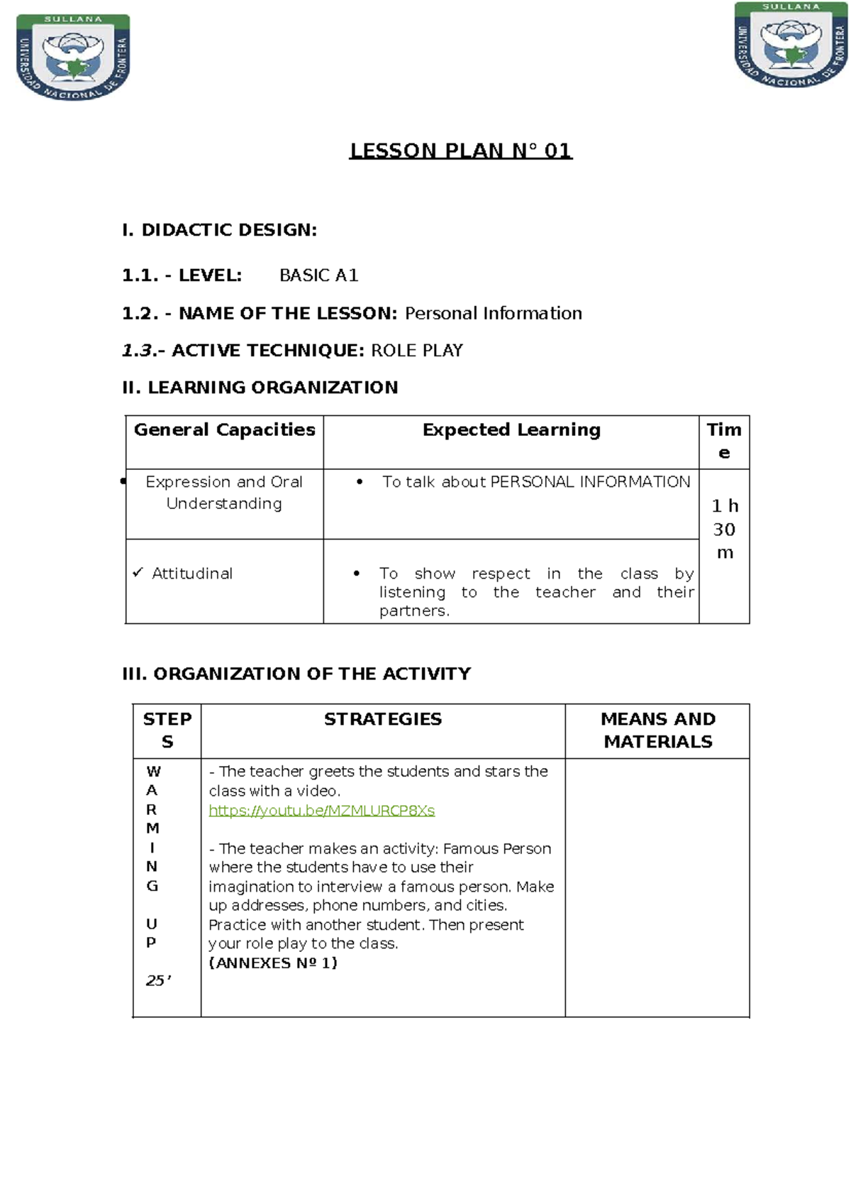 LESSON PLAN 01: Personal Information Role Play for A1 Level - Studocu