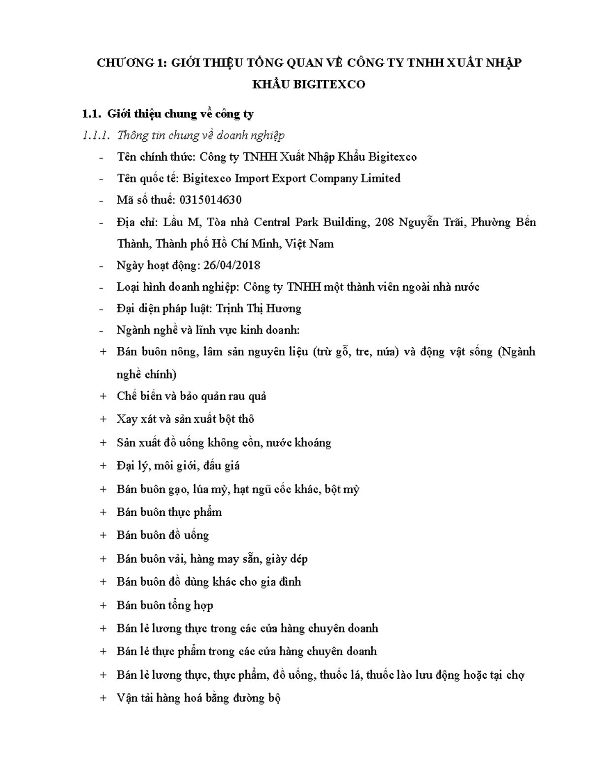 CHƯƠNG 1: GIỚI THIỆU CÔNG TY TNHH XUẤT NHẬP KHẨU BIGITEXCO - BCKT - Studocu