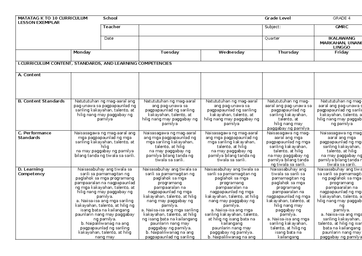 Grade 4 Q2W1 GMRC Lesson Exemplars on Developing Personal Talents - Studocu