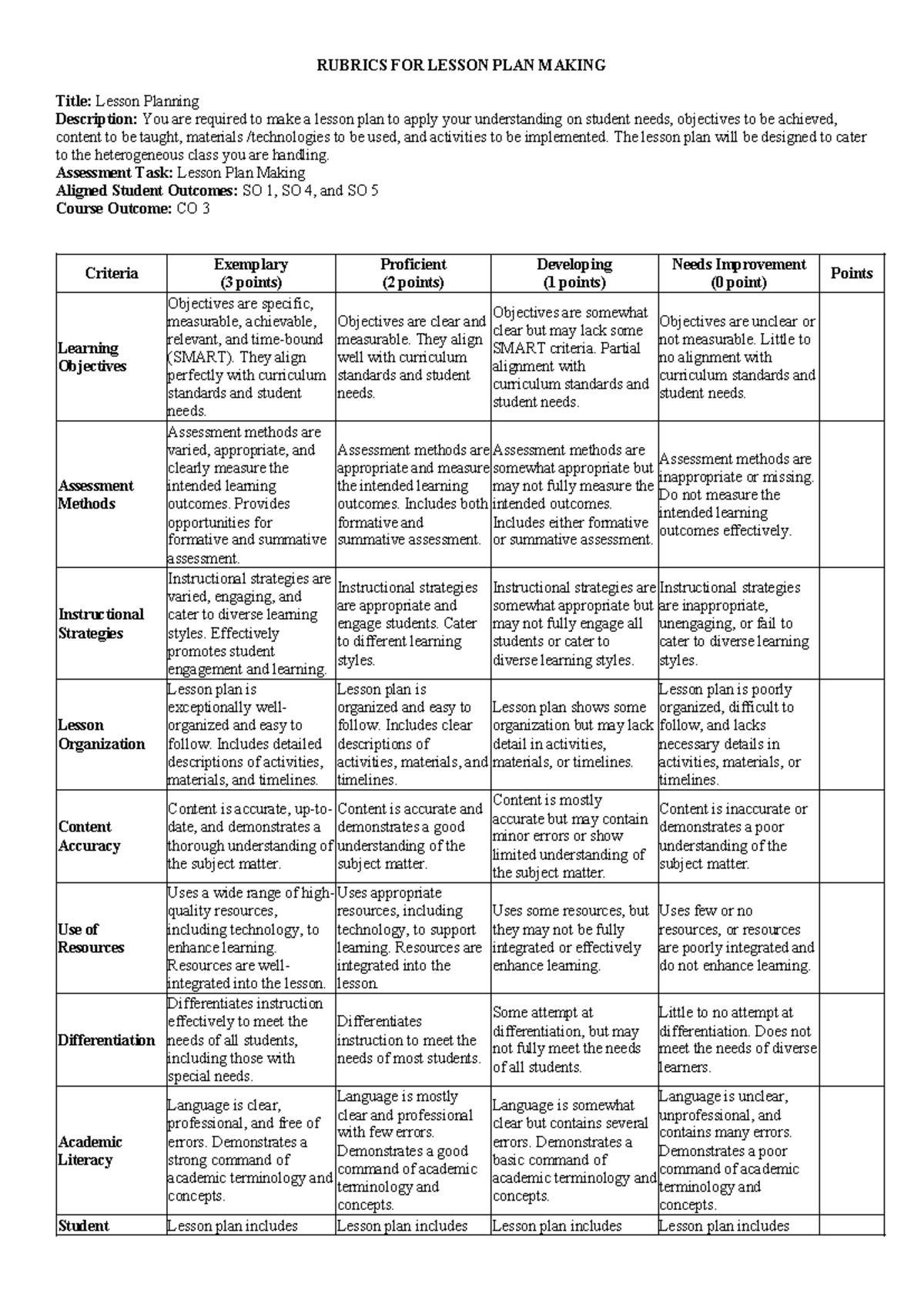 RUBRICS FOR LESSON PLAN MAKING (CO 3) - Studocu