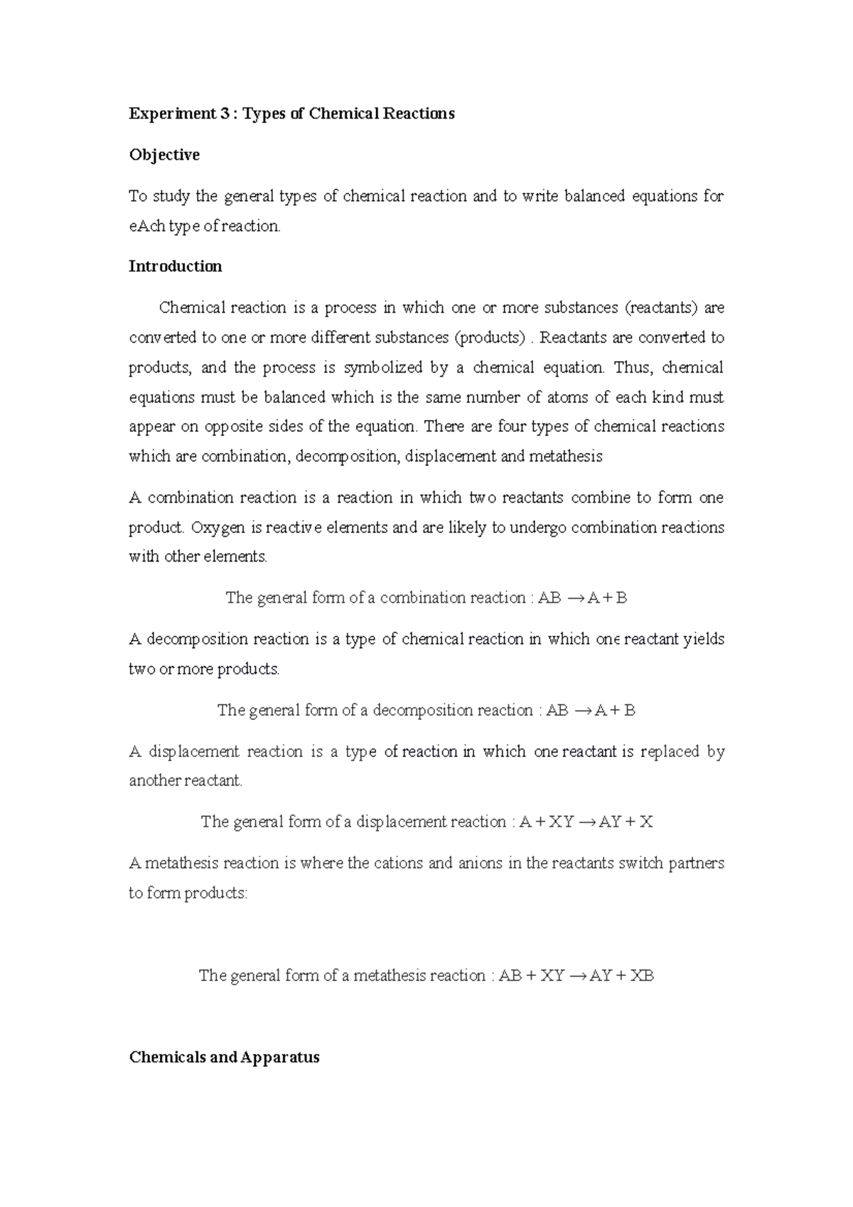 CHM420 Lab Report: Exploring Types of Chemical Reactions - Studocu