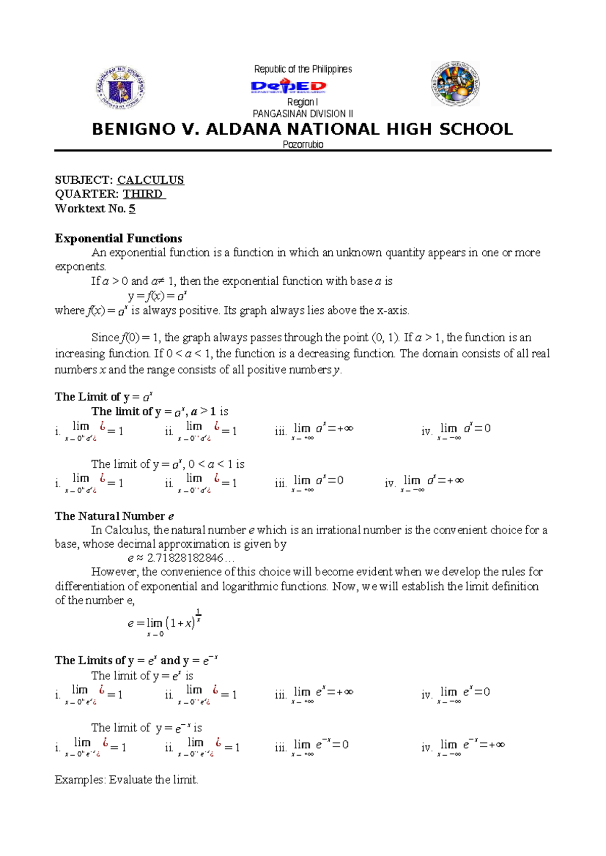 Calculus 3rd Quarter Worktext No. 5: Exponential Functions - Studocu