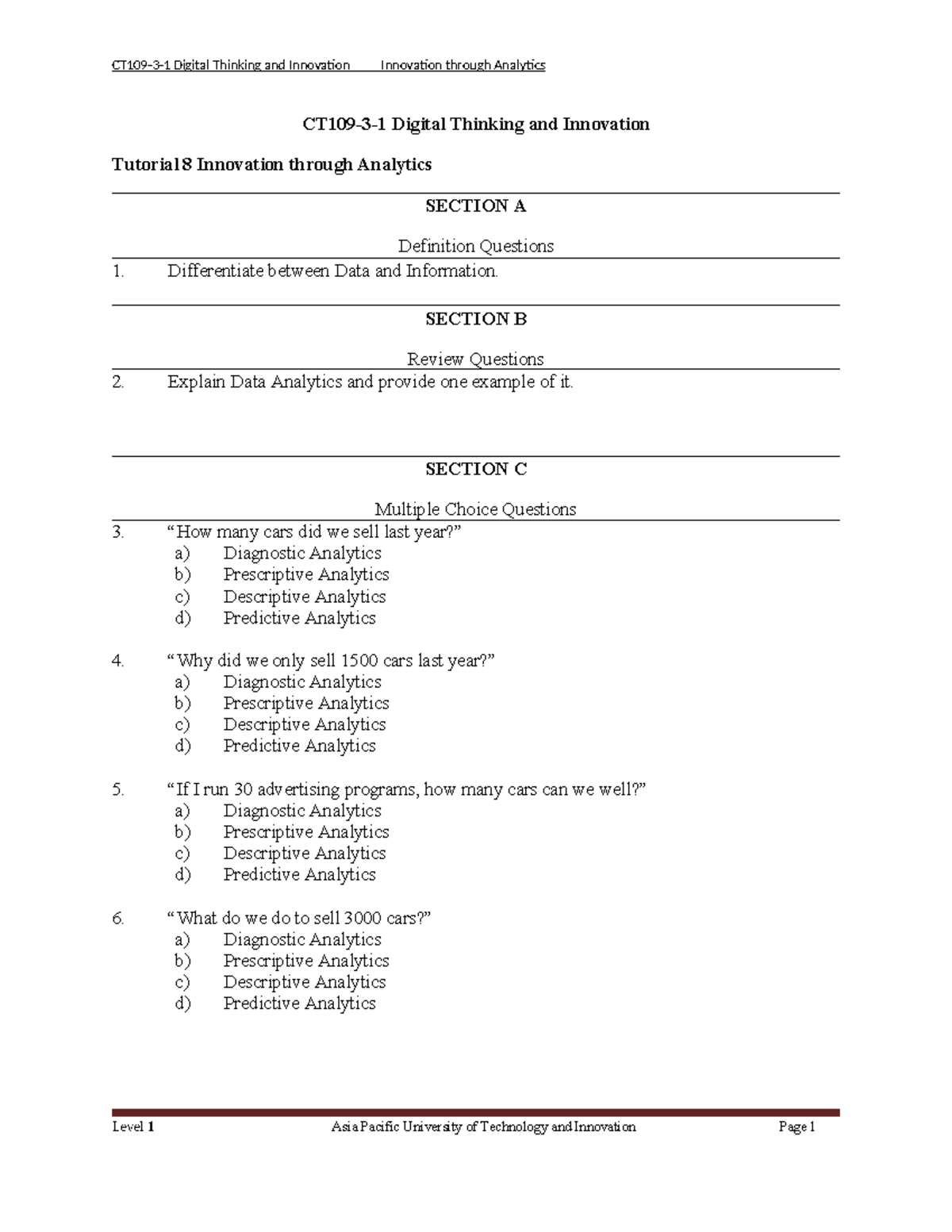 Tutorial 8: Innovation through Analytics - Questions and Answers - Studocu