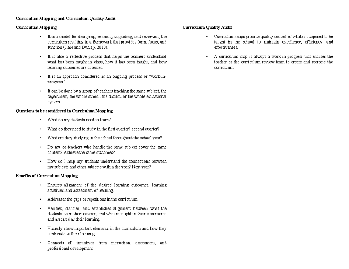 Educ-323c - Reviewer - Curriculum Mapping and Curriculum Quality Audit ...