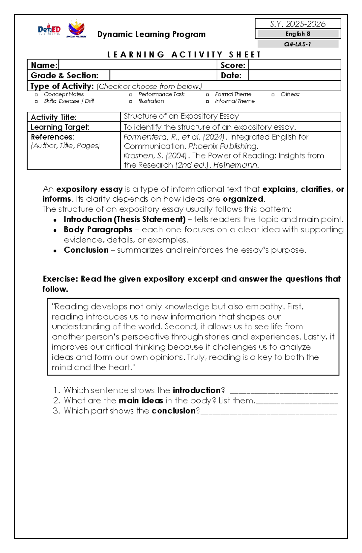 Q4 LAS Eng8: Structure of an Expository Essay Learning Activity Sheet ...