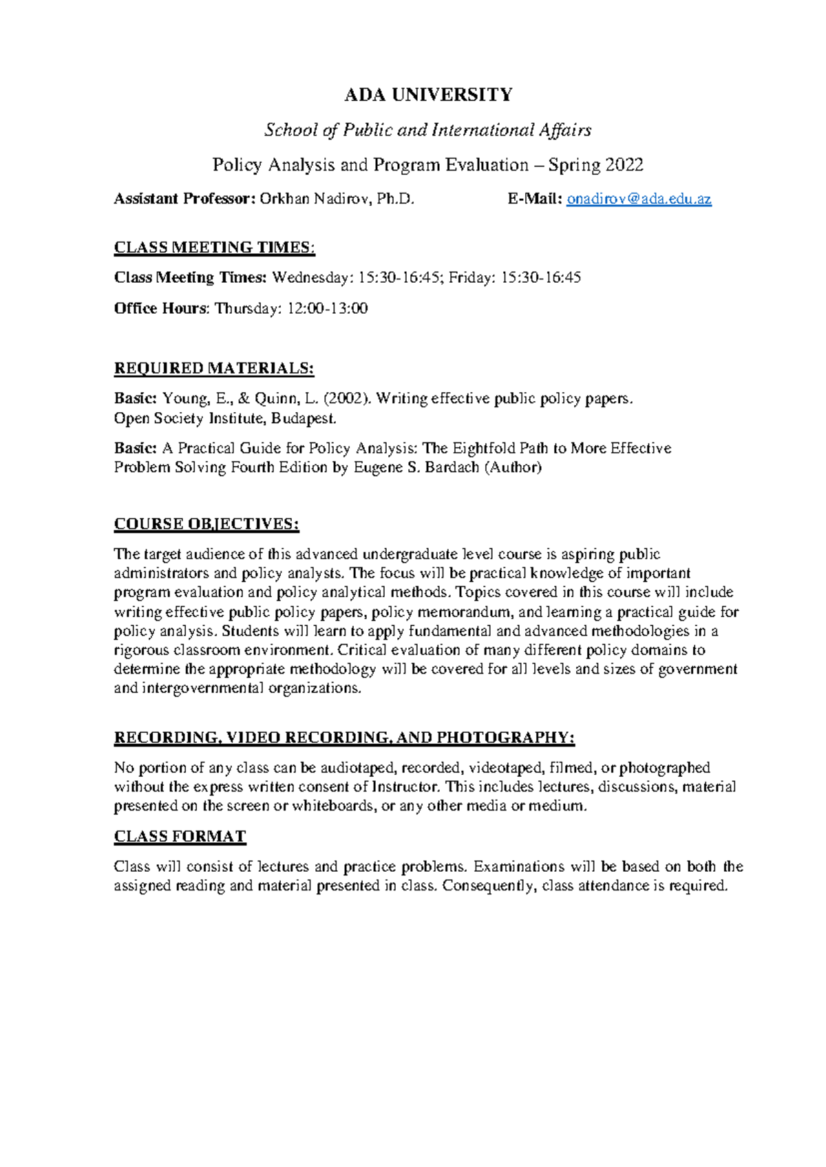 Policy Analysis and Program Evaluation Syllabus - Spring 2022 - Studocu