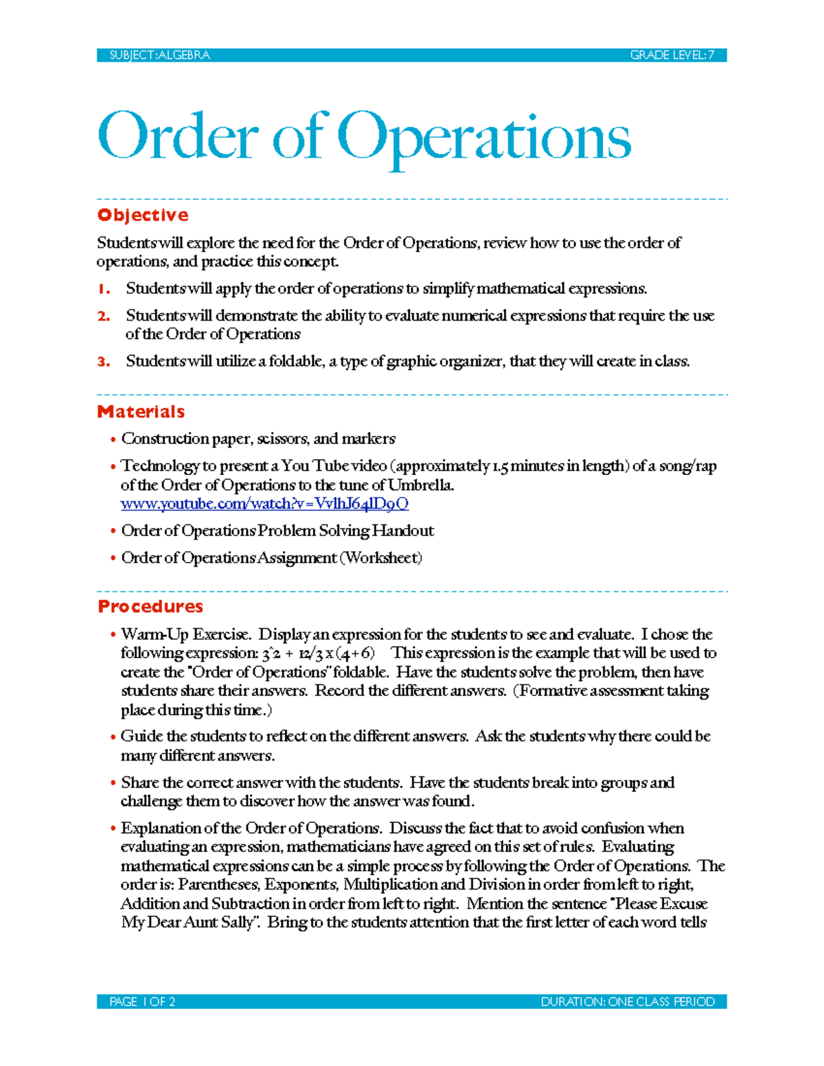 ALGEBRA 7: Lesson Plan on Order of Operations - Studocu