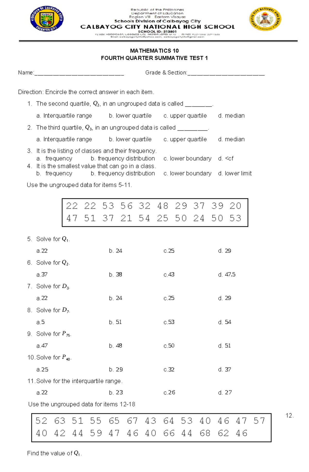 Math10-Q4-Pre final - Mathematics 10 4th quarter - MATHEMATICS 10 ...