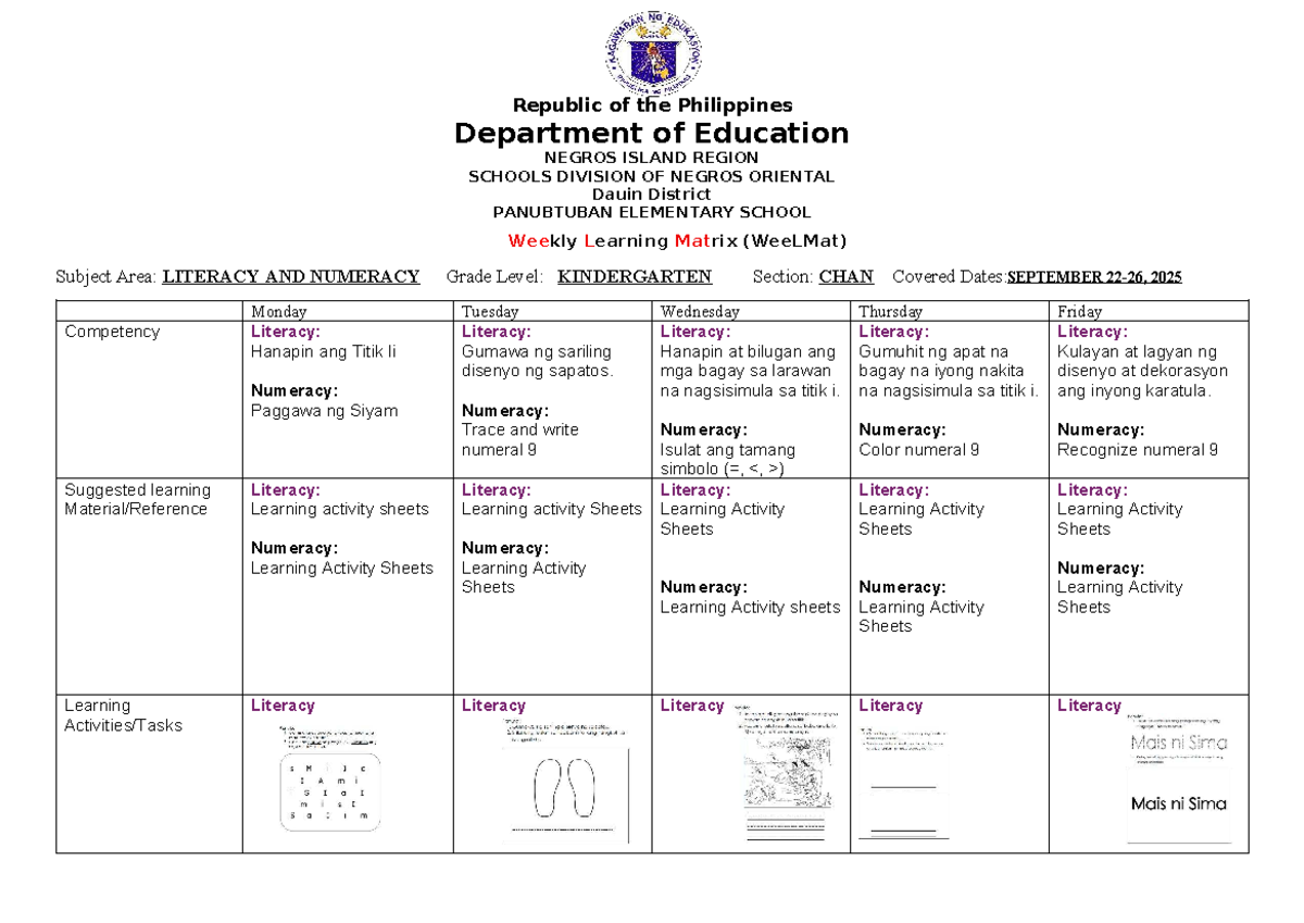 Kinder Weekly Learning Matrix Q2 - Week 4 (Literacy & Numeracy) - Studocu
