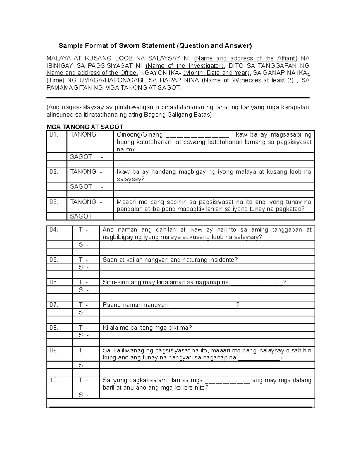 Sample Sworn Statement Format (Sinumpaang Salaysay) - Studocu