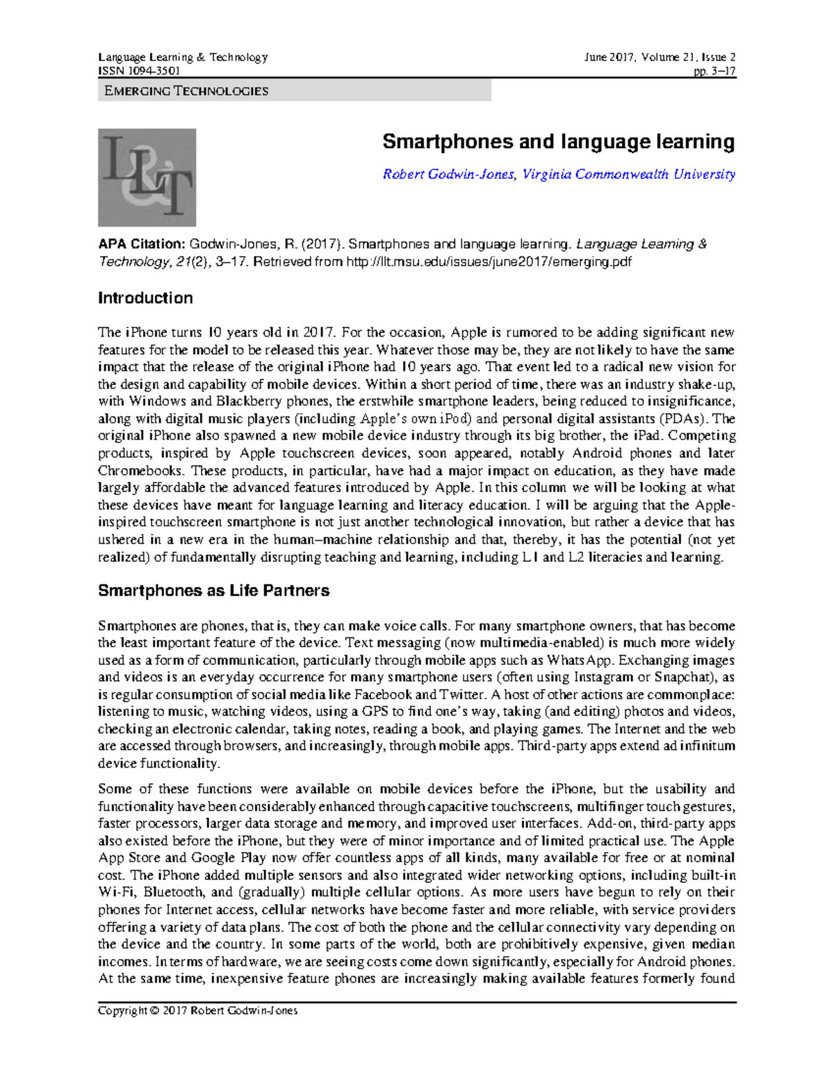 Smartphones and language learning - Language Learning & Technology ISSN ...