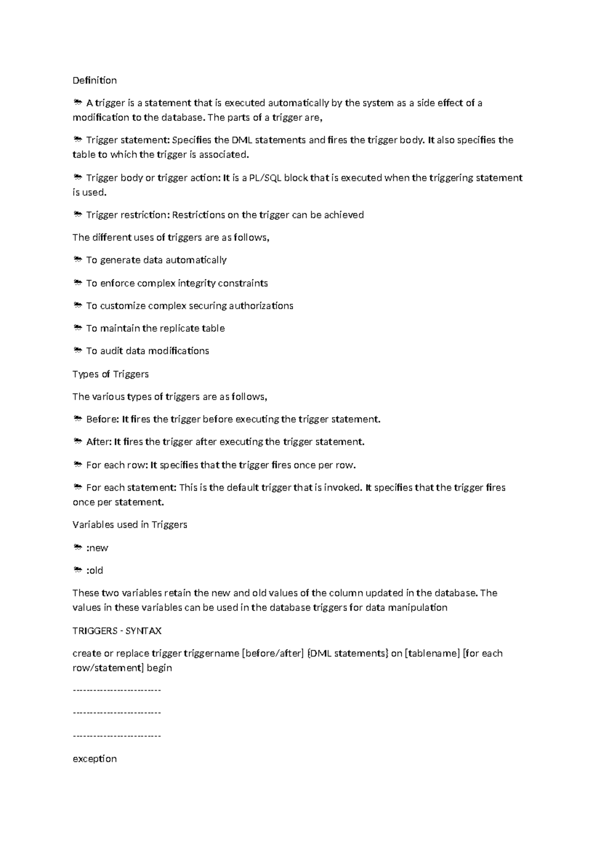 Triggers Overview and Types for Database Management (CS101) - Studocu