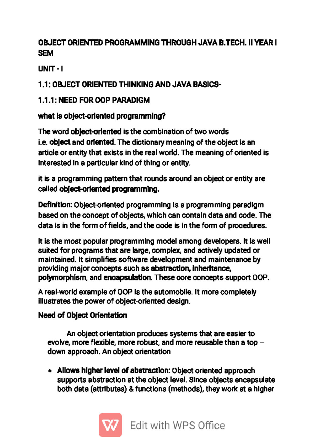 JAVA B.TECH II YEAR I SEM UNIT I: OBJECT ORIENTED PROGRAMMING EXPLAINED ...