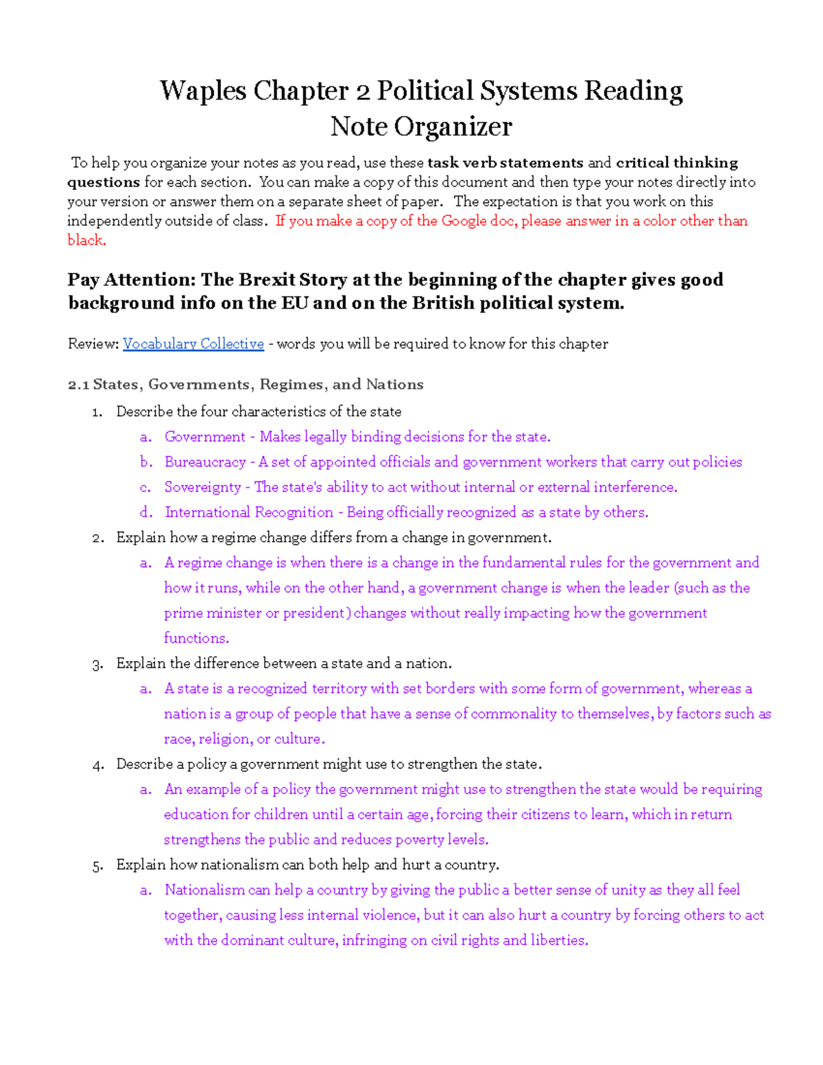 Waples Chapter 2 Political Systems Reading Note Organizer - Studocu