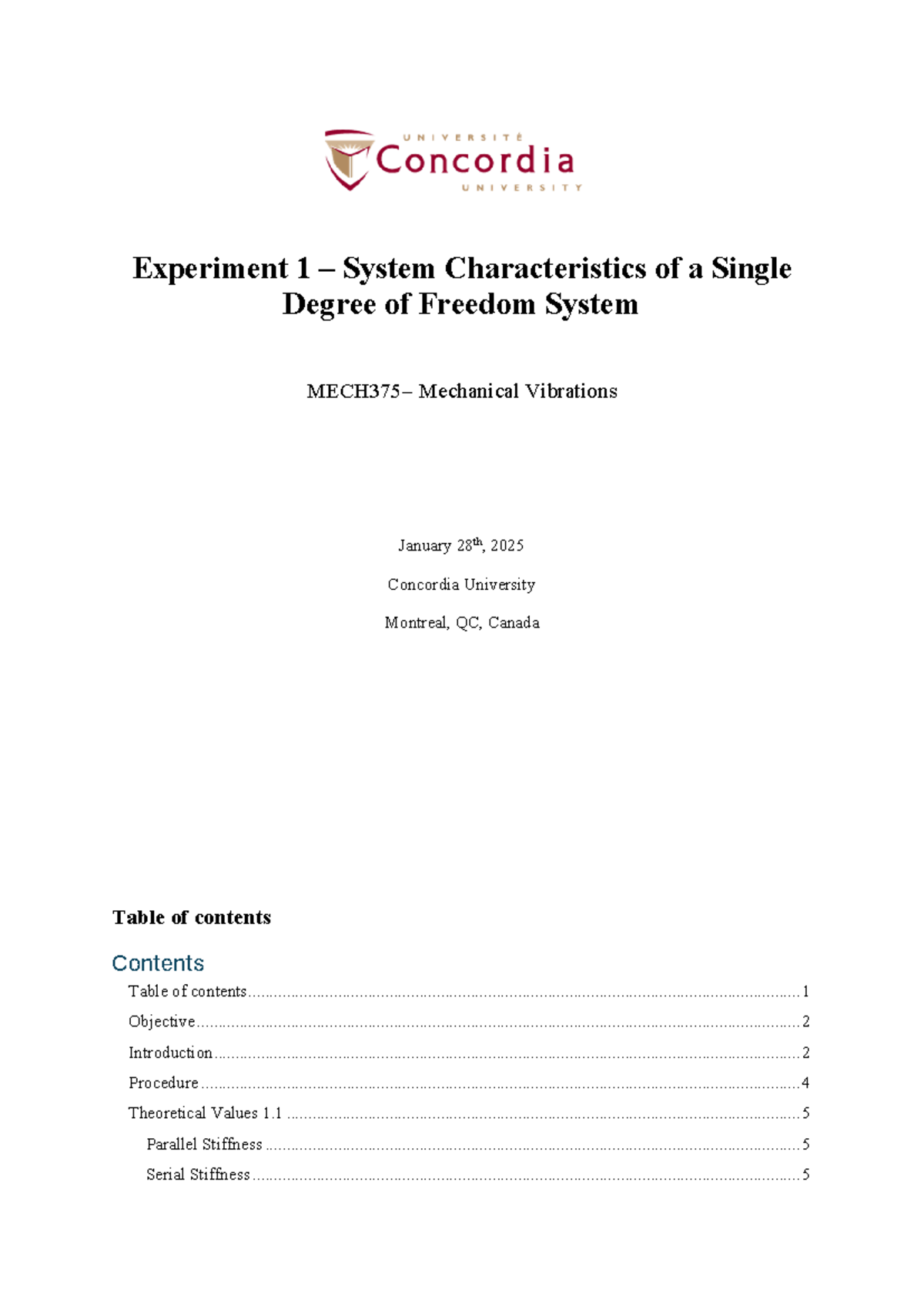 MECH 375 Lab Report 1: System Characteristics of a Single Degree of ...