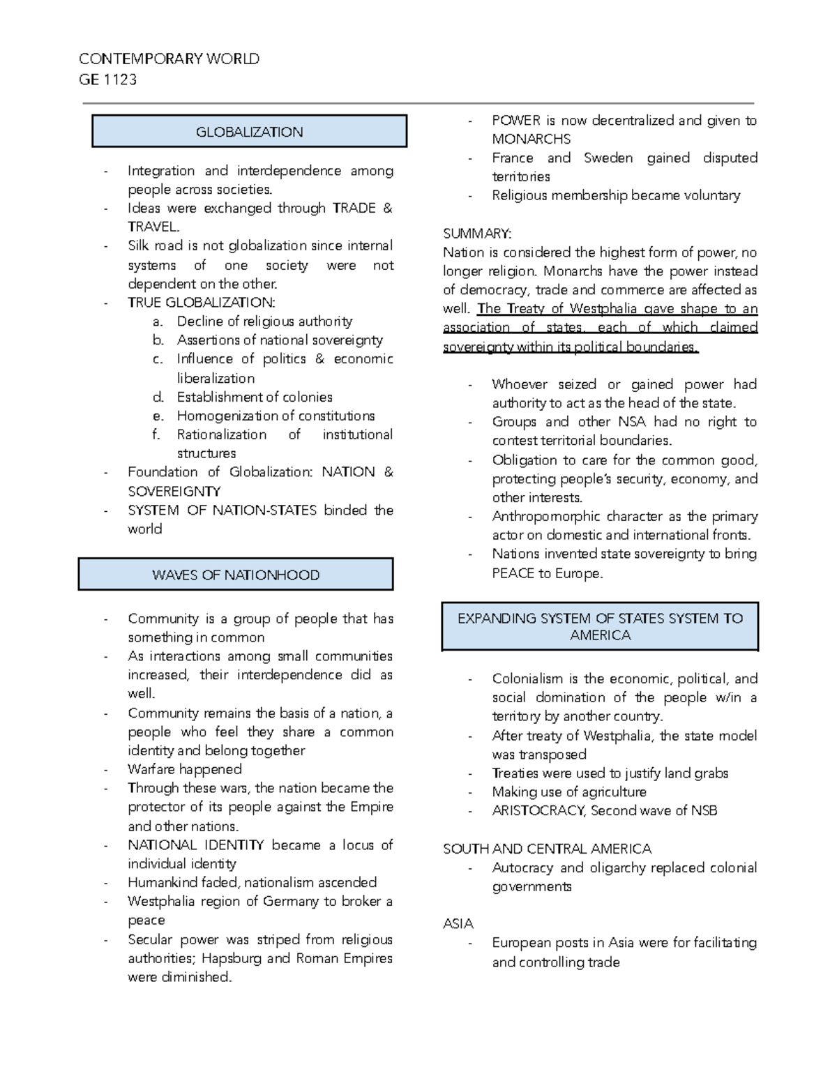 Lecture Notes on Globalization - CONTEMPORARY WORLD GE 1123 Integration ...