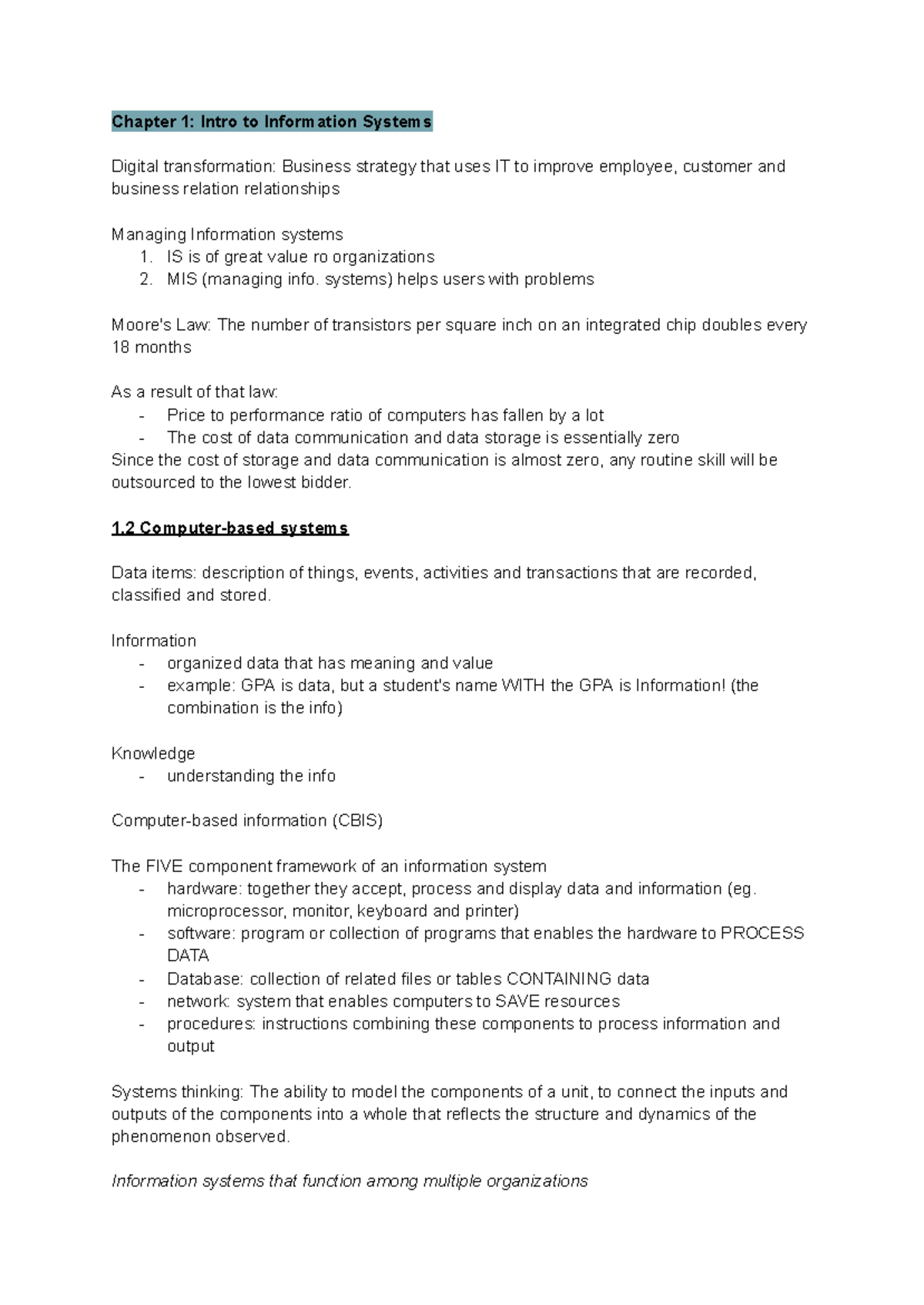 COMM226 Chapter 1: Introduction to Information Systems and IT Impact ...