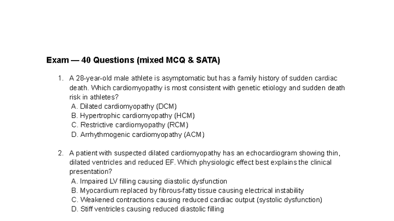 Cardiomyopathy Exam Review: 40 Mixed MCQ & SATA Questions - Studocu