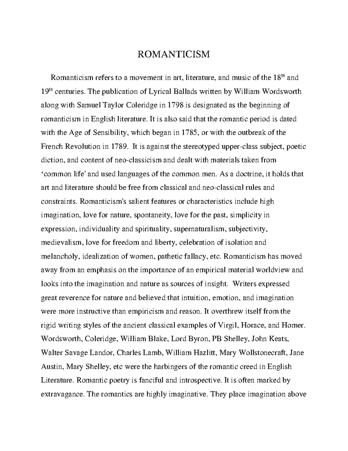 Romanticism: An Overview of the English Literary Movement - Studocu