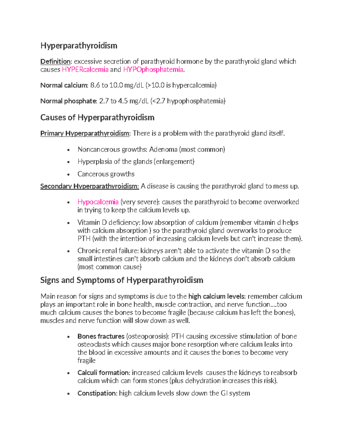 Hyperparathyroidism Study Notes: Causes, Symptoms & Interventions - Studocu