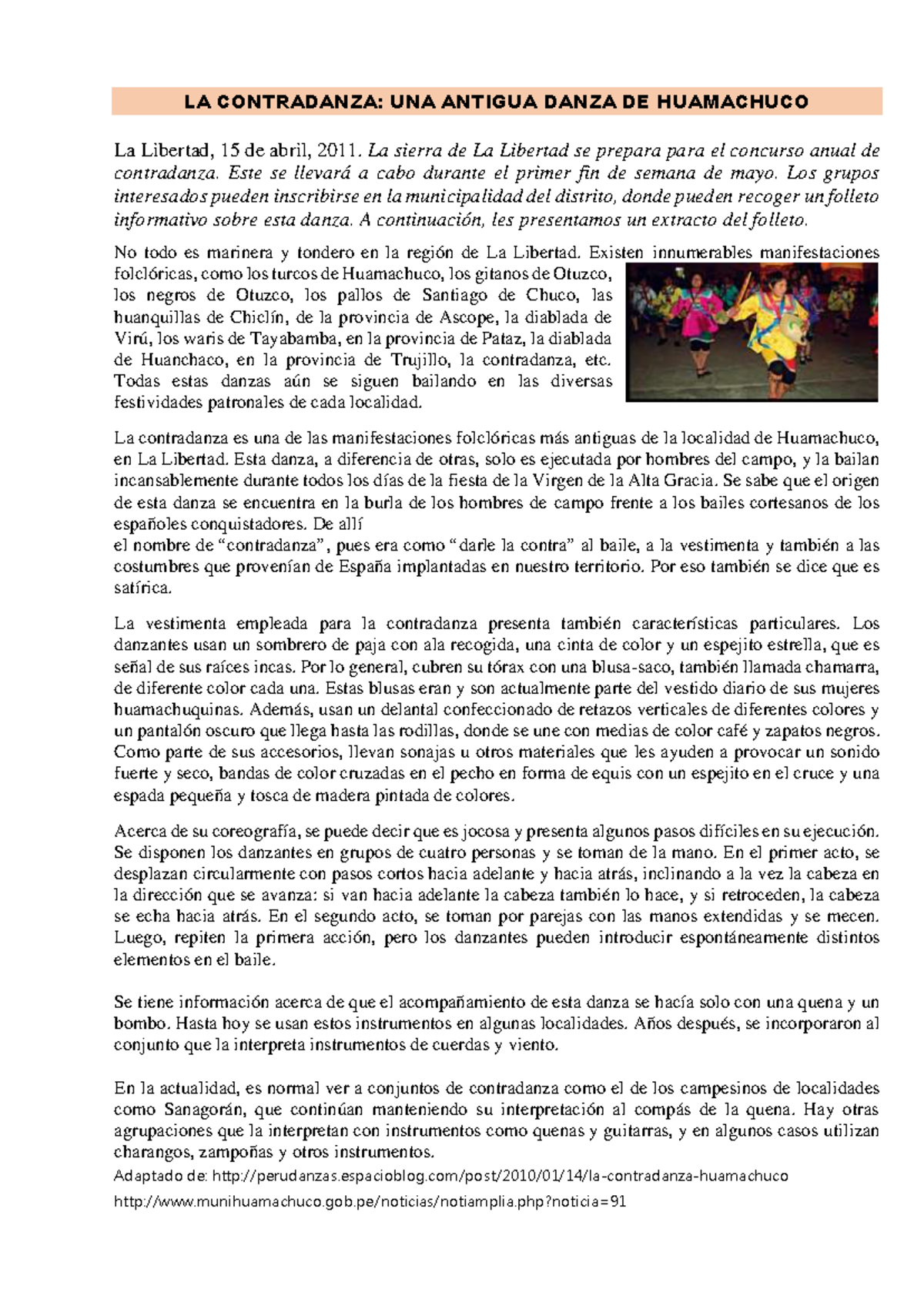LA Contradanza: Historia y Tradición de Huamachuco - Studocu