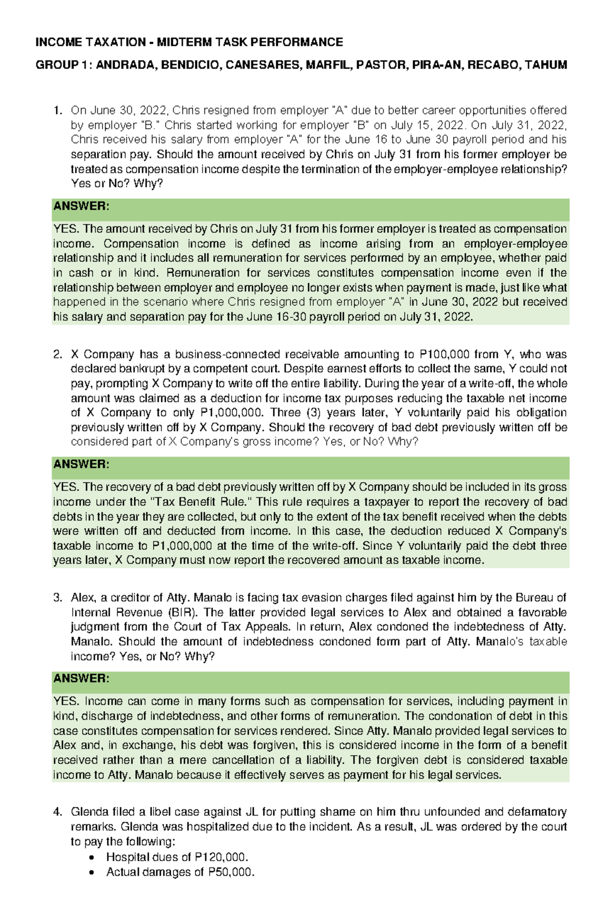 INCOME TAXATION MIDTERM TASK PERFORMANCE GROUP 1: CASE ANALYSIS - Studocu