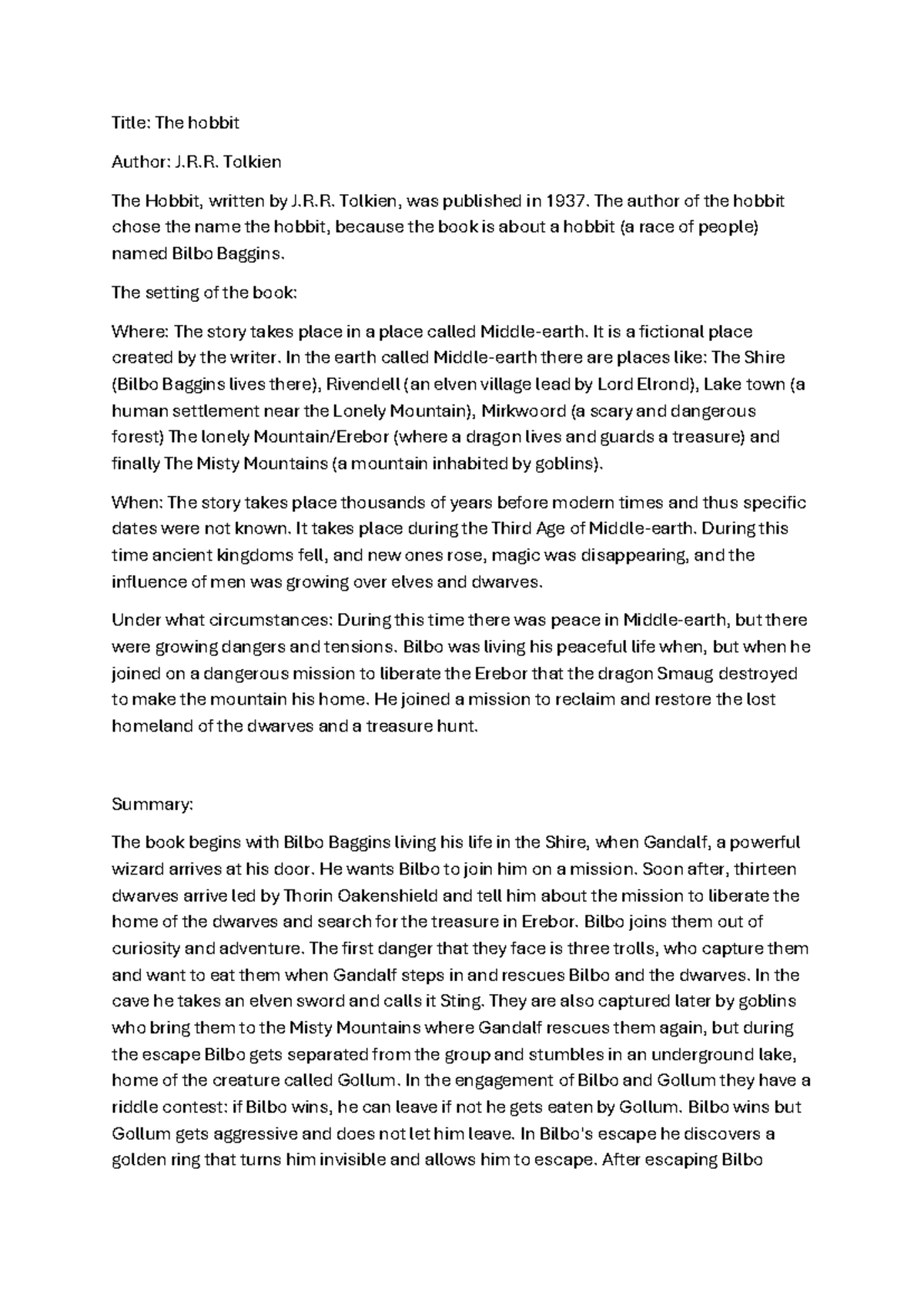 Engels Book Report on "The Hobbit" by J.R.R. Tolkien - Studeersnel