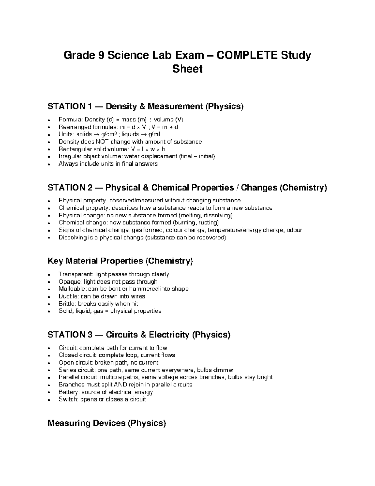 Grade 9 Science Lab Exam Study Sheet: Density, Properties & Circuits ...