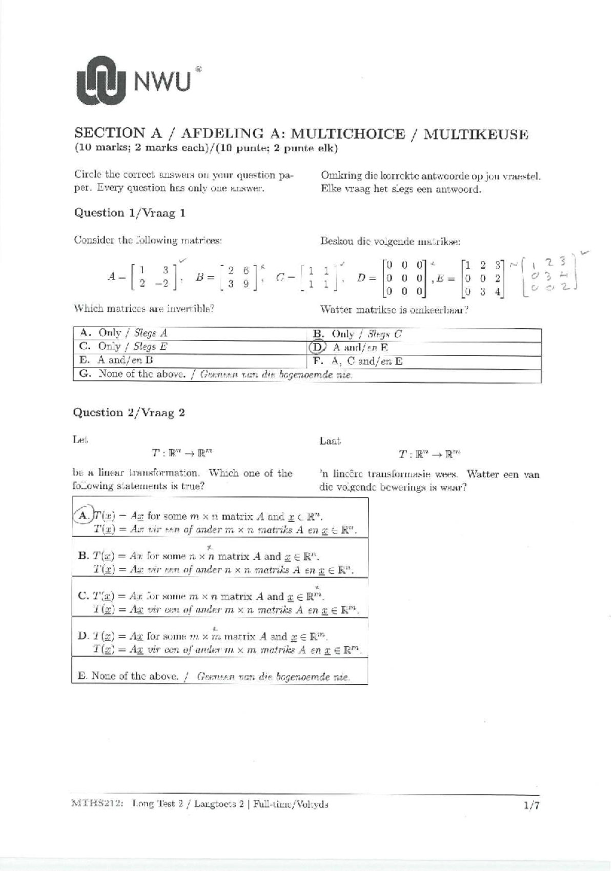 MTHS212 Long Test 2 2025 - Detailed Solutions and Analysis - Studocu