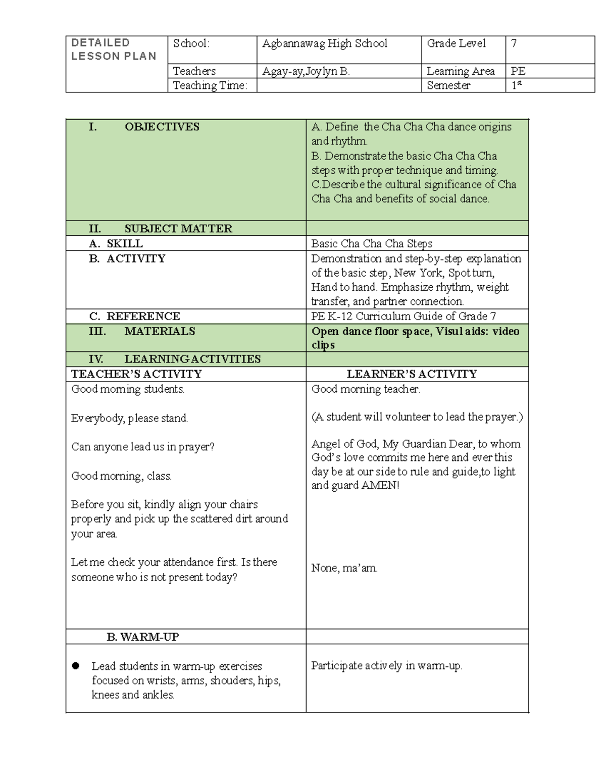 Detailed Lesson Plan: Cha Cha Dance (PE 7) - Studocu