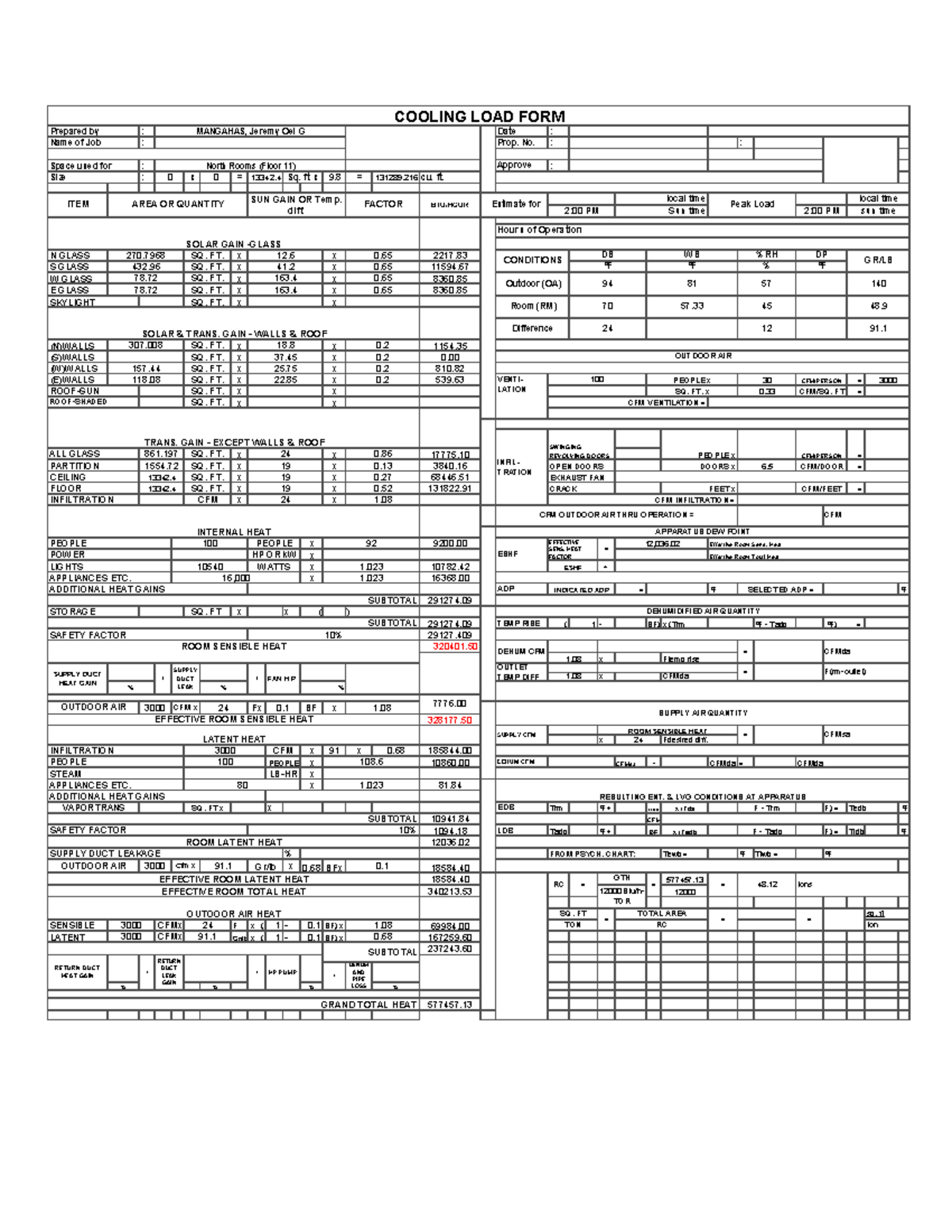 Cooling Load Form Sample for Course CODE: HVAC 101 - Studocu