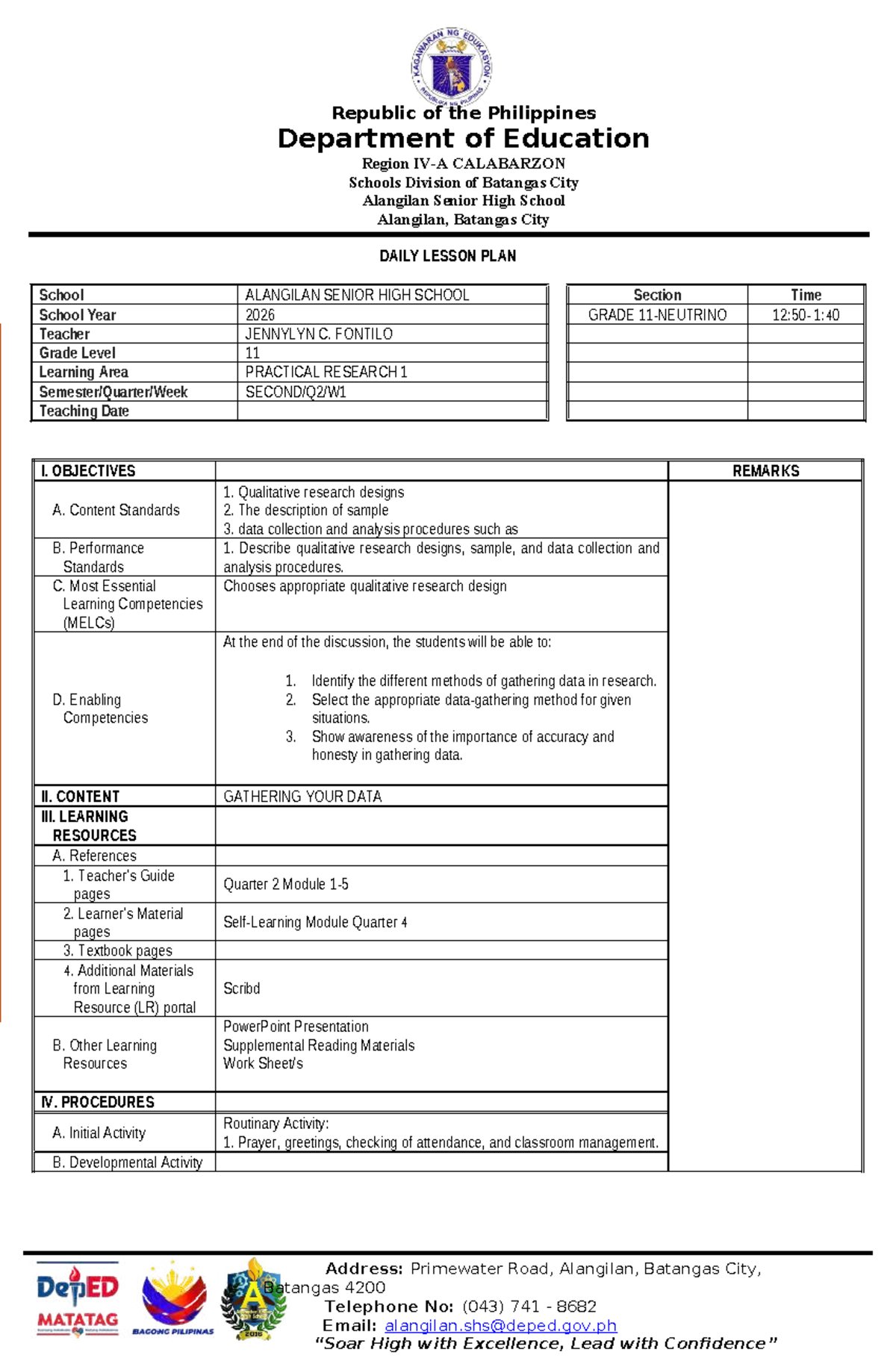 PR1 D4W1 - Daily Lesson Plan for Practical Research 1 - Studocu