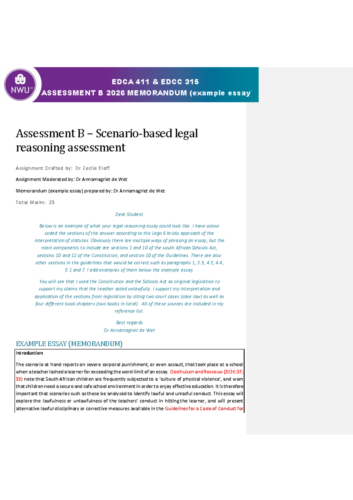EDCA 411 EDCC 315 Assessment B Legal Reasoning Essay Memorandum 2026 ...