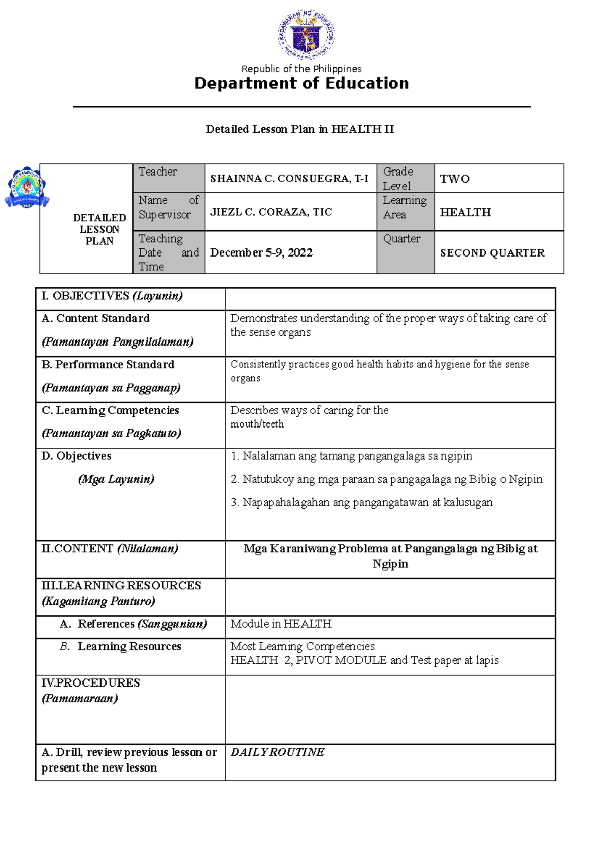 Health II DLP Week 5: Caring for Sense Organs & Dental Health - Studocu