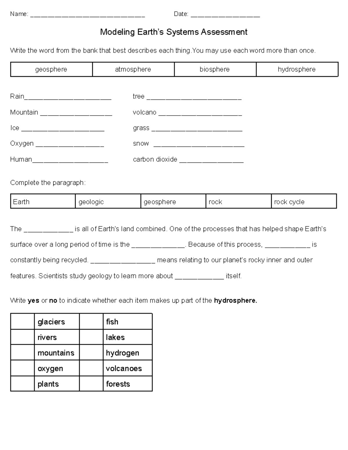 Earth's Systems Assessment - Course Code: [Course Code] - Name