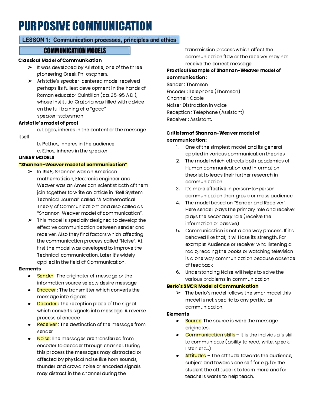 Pur Com-1 - Goodluck - PURPOSIVE COMMUNICATION Classical Model of ...