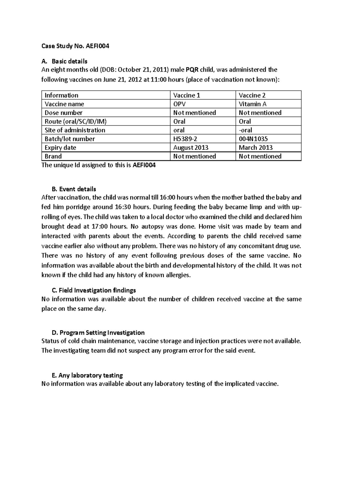 Case Study AEFI004-C: Vaccine Reaction in 8-Month-Old Child - Studocu