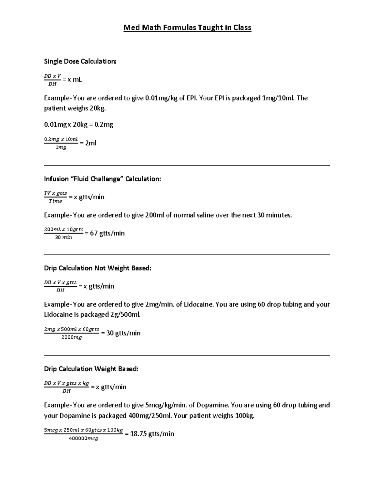 Med Math Formulas: Single Dose & Infusion Calculations - Studocu