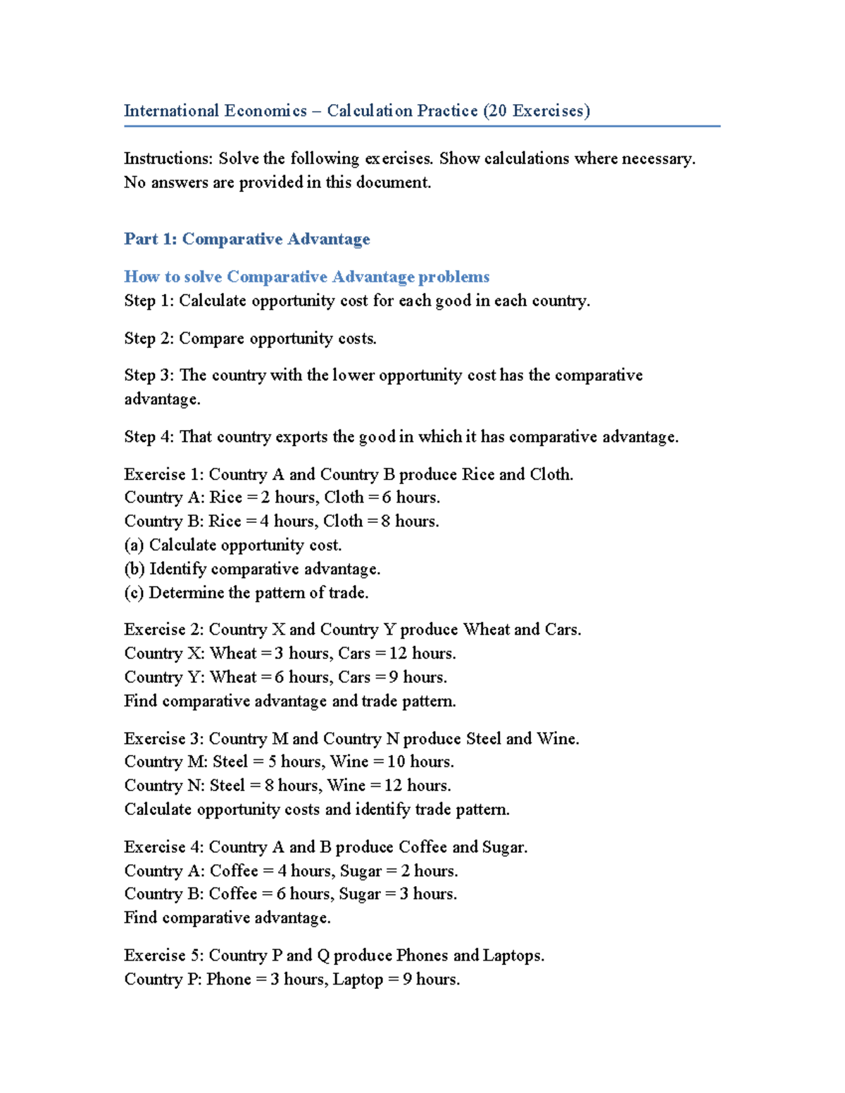International Economics (ECON 101) Calculation Exercises: 20 Problems ...