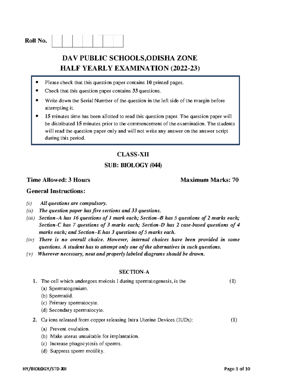 XII - HY - Biology Half Yearly Exam Question Paper (044) - Studocu