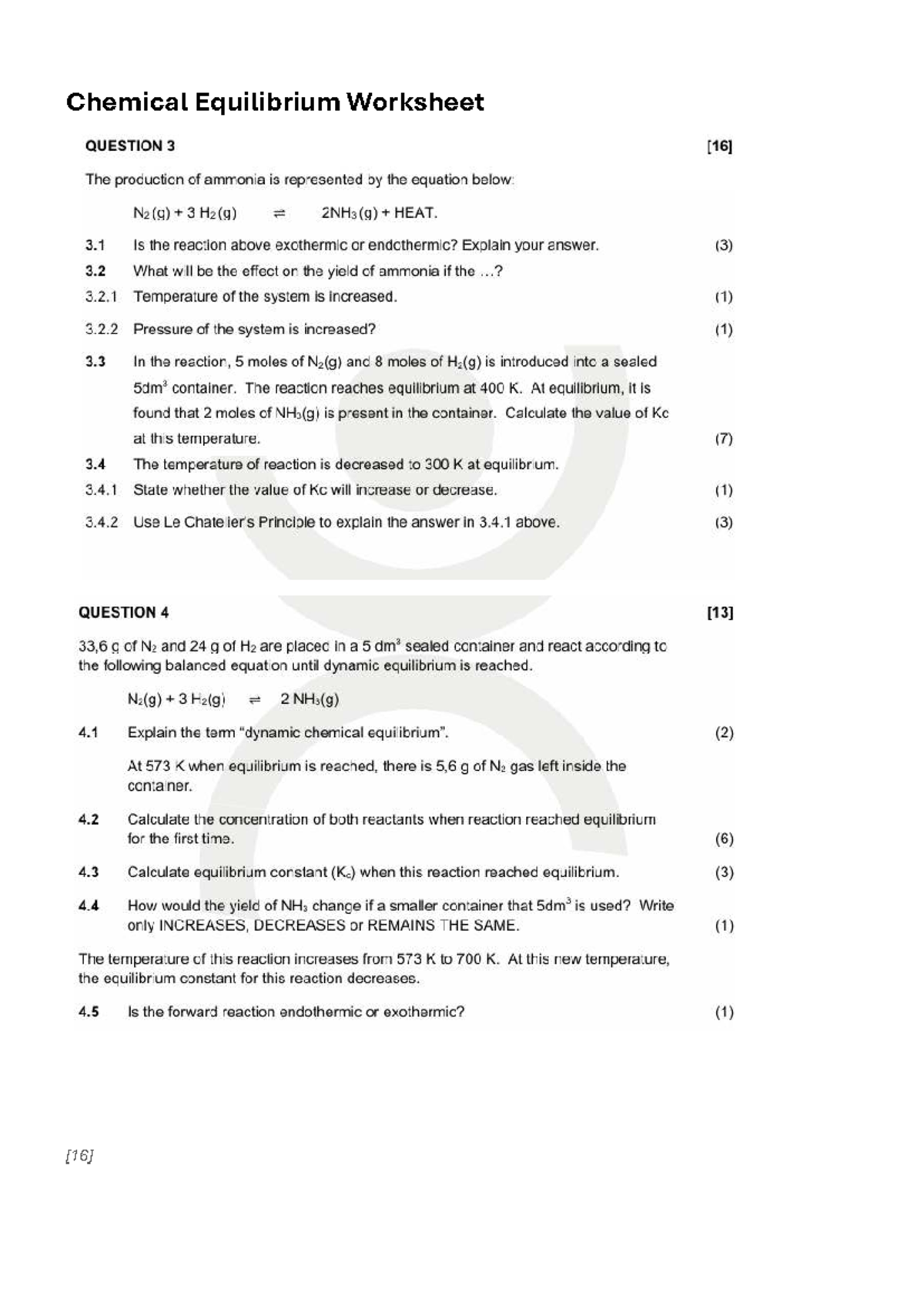 Chemical Equilibrium Worksheet: Reaction Rates and Constants Analysis ...