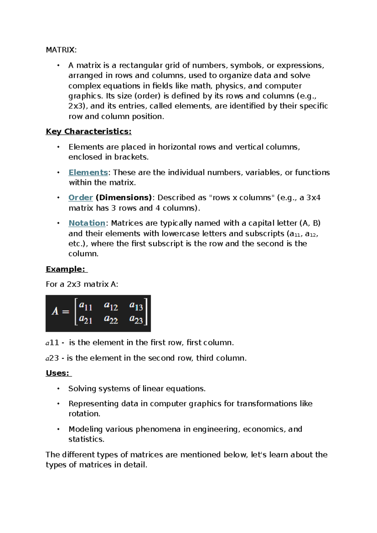 MATRIX: Understanding Types, Properties, and Applications in Math - Studocu