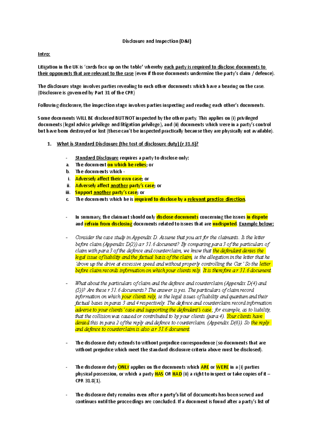 WS10 - Reading Notes on Disclosure and Inspection in Litigation - Studocu