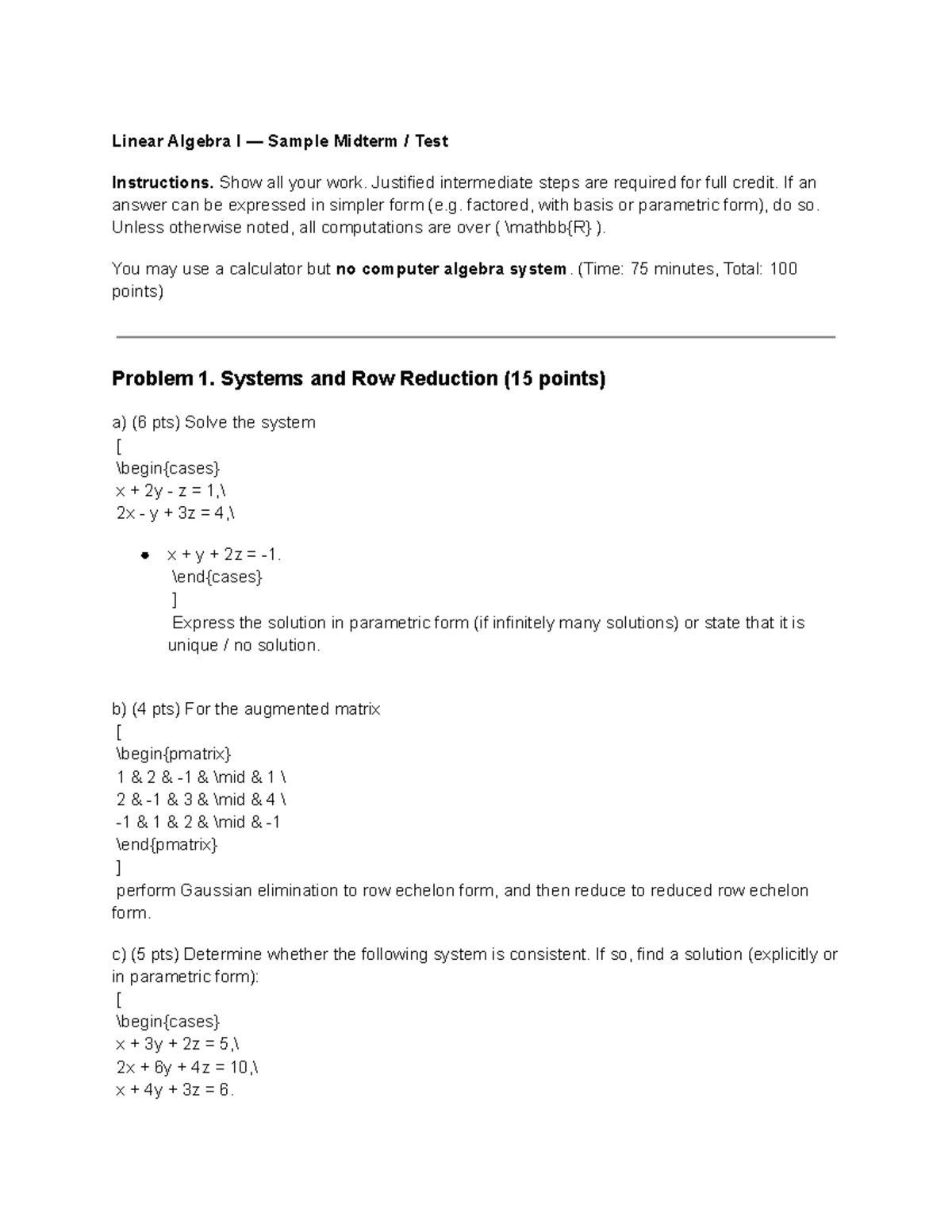 Linear Algebra I Sample Midterm Test Notes - Studocu
