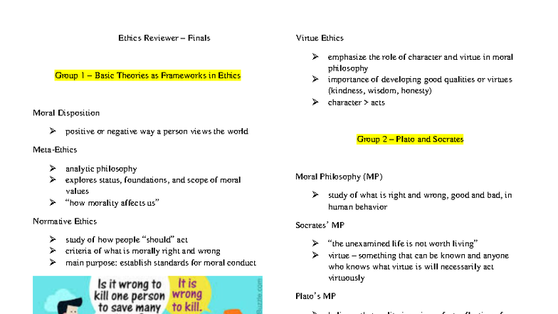 Ethics 101: Finals Reviewer on Virtue Ethics and Key Theories - Studocu