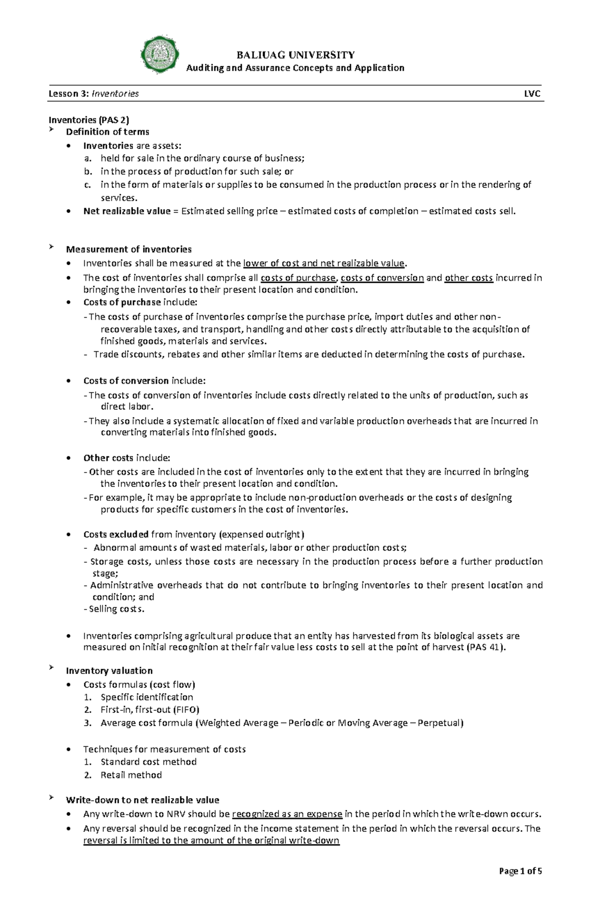 BALIUAG UNIVERSITY Auditing and Assurance Concepts Lesson 3B ...