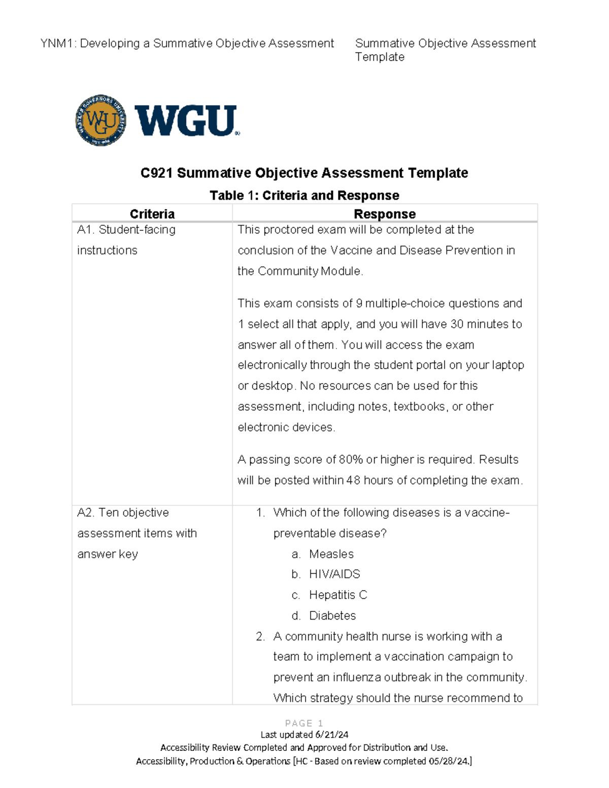 YNM1: Summative Objective Assessment for Vaccine & Disease Prevention ...