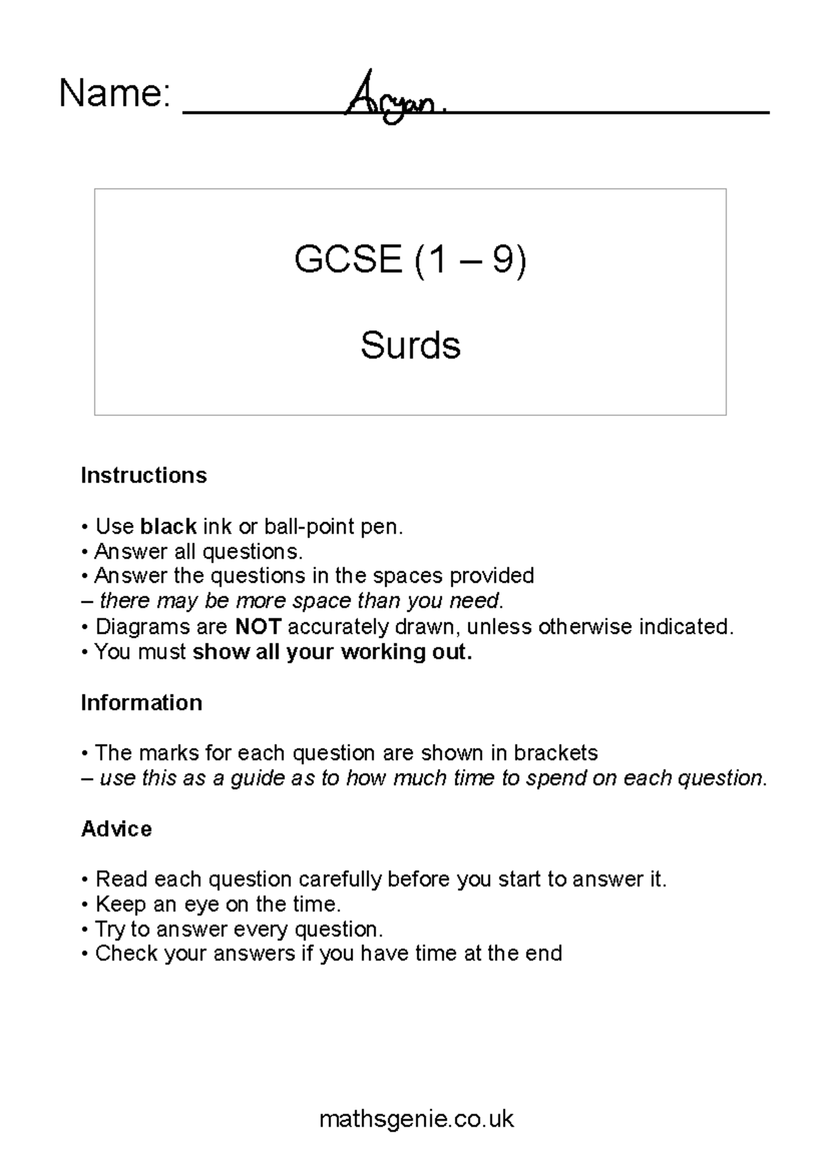 GCSE (1 9) Surds Practice Questions and Instructions - Studocu